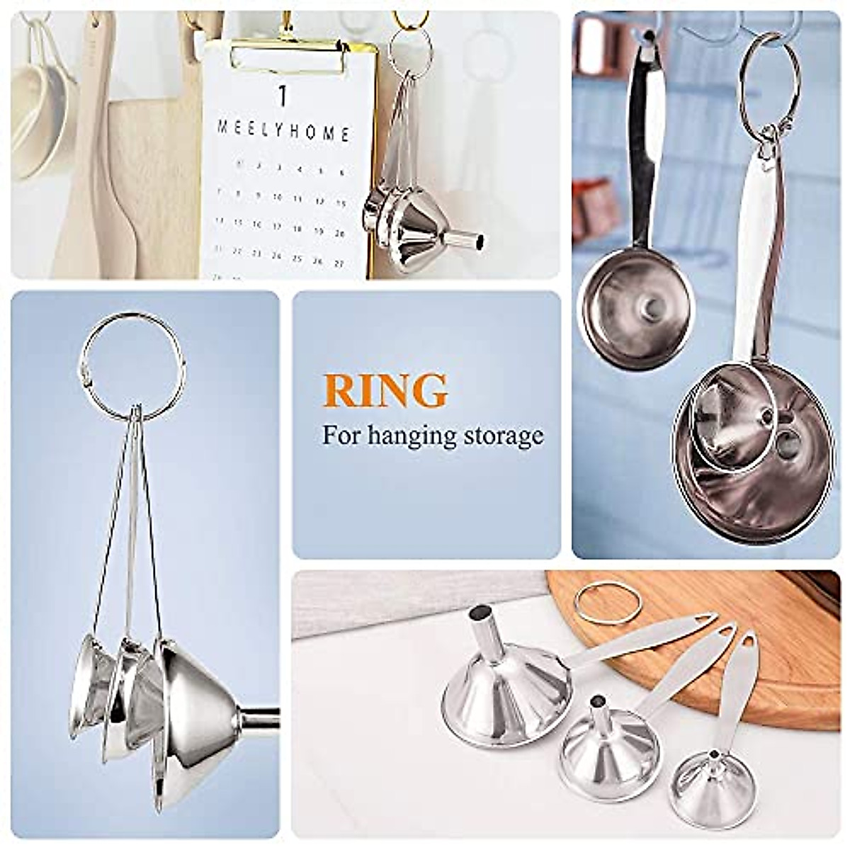 3 in 1 Metal Funnels for Filling Bottles Stainless Steel Small Kitchen Funnel Set for Transferring Essential Oils Liquid Fluid Spice Dry Ingredients Powder, Durable and Dishwash Safe