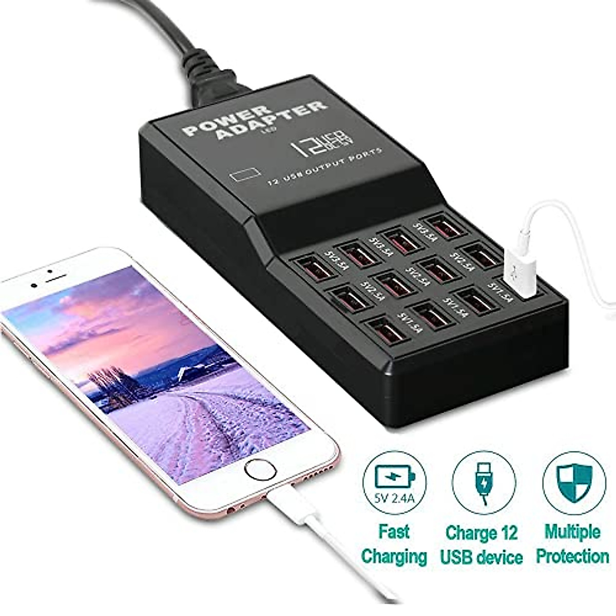 HOKC-N USB Charger, 60W 12-Port, USB Desktop Hub Wall Charger for iPhone, iPod, Galaxy and Other USB Multifunction Devices (Black)