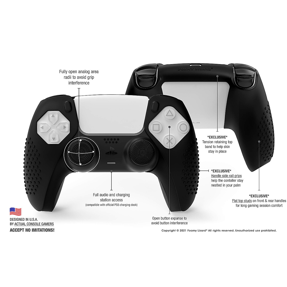 Foamy Lizard SensePro PS5 Controller Skin | Dock Compatible, Soft Flat Anti-Slip Studded Silicone Gel Grip Cover for PlayStation 5 Dualsense, Rubber Protector Plus 8 Raised Thumb Grip Caps (Black)