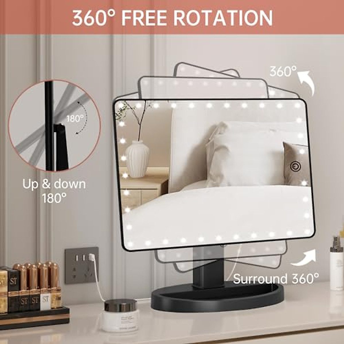 FUNTOUCH Large Lighted Vanity Makeup Mirror (X-Large Model), Light Up Mirror with 35 LED Lights, Touch Screen and 10X Magnification Mirror, 360° Rotation Tabletop Cosmetic Mirror (Black)