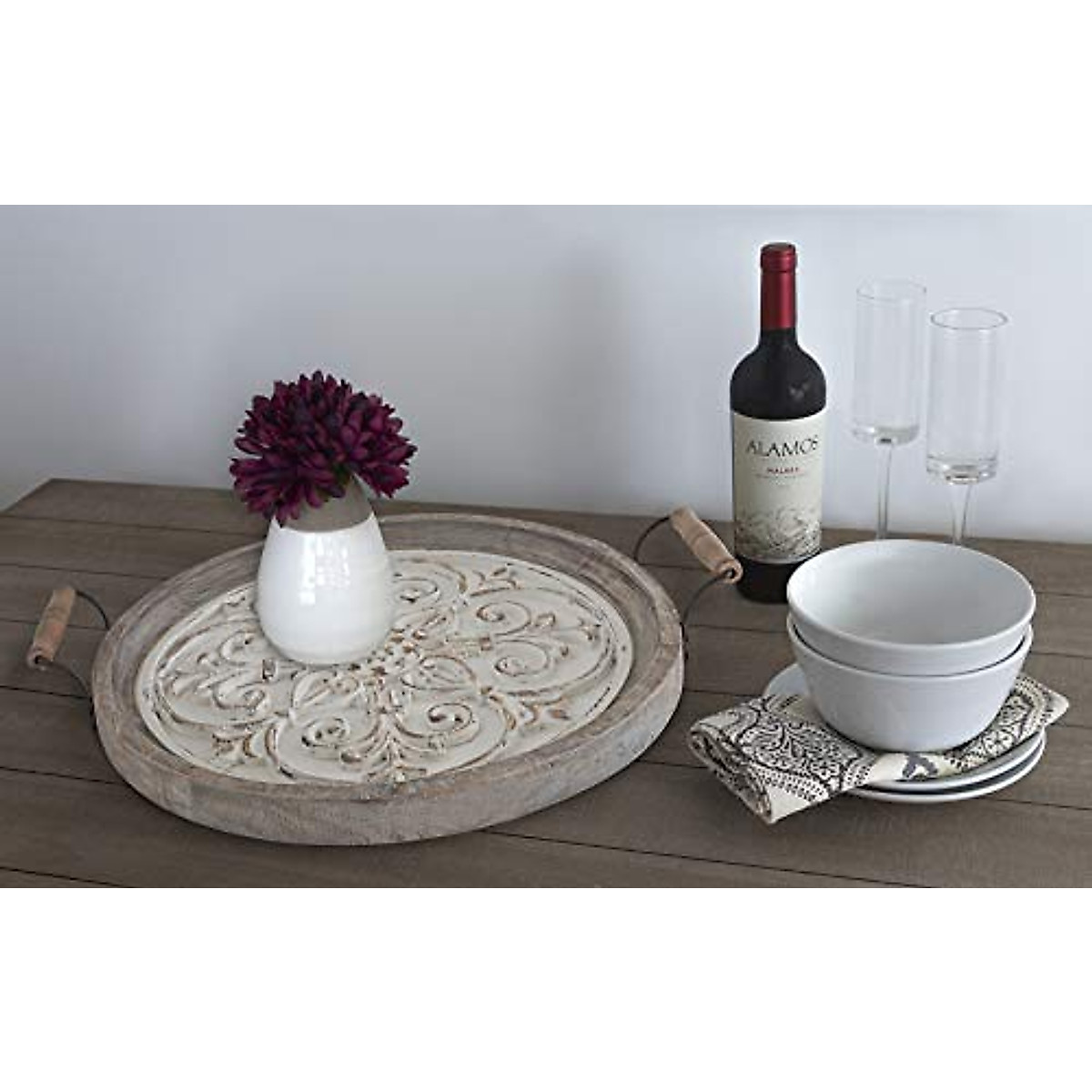 Kate and Laurel Hillrose Round Wooden Tray, 18 inch Diameter, Rustic Brown and White, Decorative Tray for Serving, Display, and Storage