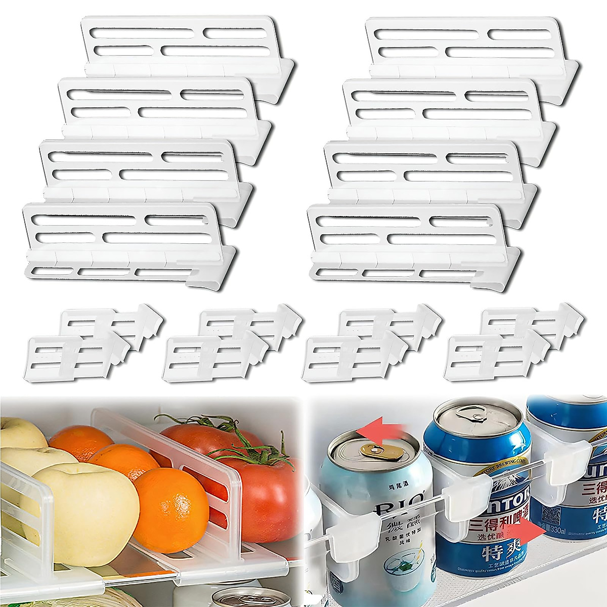 16Pcs Fridge Divider set, 8 Bigger Refrigerator Dividers for Glass Shelves in Freezer Cupboard Cabinet Drawer, with 8 Smaller Adjustable Fridge Dividers for Fridge Door Organizer Grid Separator.