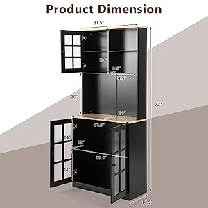 LOKO 72" Kitchen Hutch Storage Cabinet, Freestanding Pantry Buffet Cabinet with Glass Doors, Open & Closed Storage, 3-Position Adjustable Shelves, Tall Cupboard Storage Cabinet (Black)