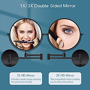 gotonovo Wall Mounted Magnifying Mirror Pivoting Arm Double Sided Swivel Makeup Vanity Black Telescoping Handheld Mirror 8 Inch Magnification Round Base
