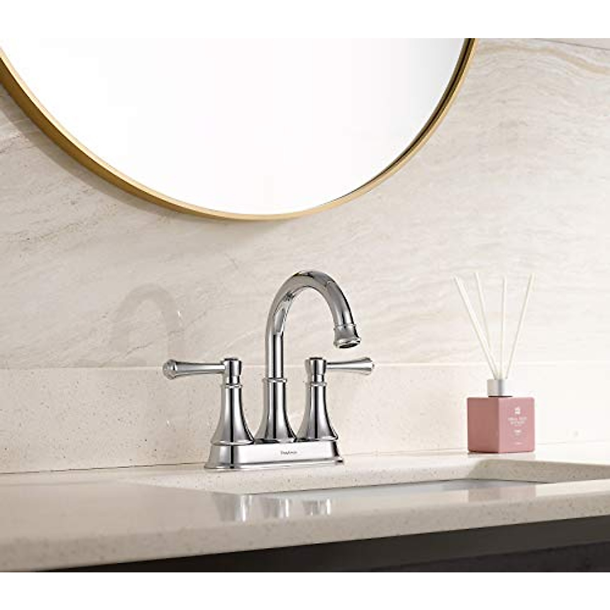 TimeArrow Chrome 4 Inch Two Handle Centerset Bathroom Sink Faucet 3 Holes with Pop up Drain, High Arc Modern Bathroom Vanity Lavatory Faucet with Brass 360° Swivel Spout, TAF067Y-CP