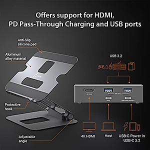 j5create Laptop Stand with USB C 4K HDMI Display Hub - 2 USB A 5Gbps, PD 100W with USB-C 5Gbps | Aluminum Computer Riser for MacBook and Windows Notebook (JTS327)
