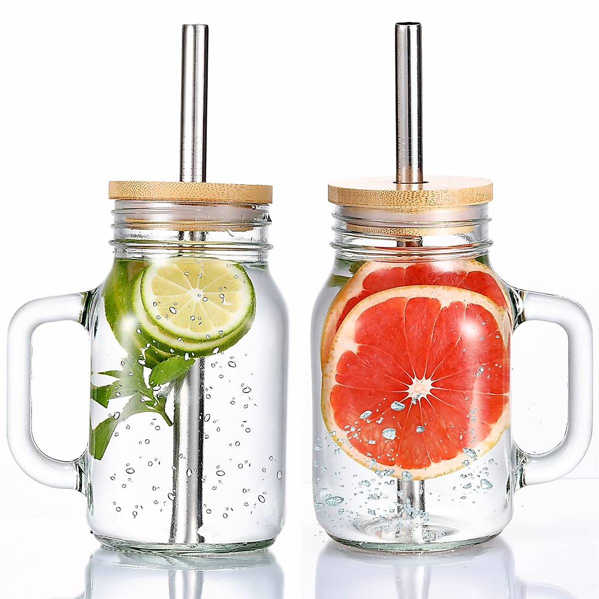 AmzFan Mason Jar with Lid and Straw, 2 Pack 20 OZ Mason Jars with Handle, Mason Jar Cups, Drinking Glasses Tumbler Reusable Boba Cups Smoothie Water Bottles for Iced Coffee, Milkshake, Smoothie, Tea