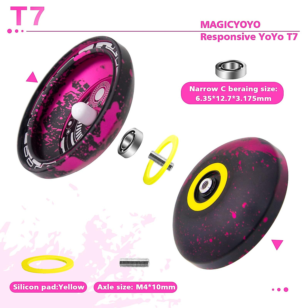 Yoyo T7 Responsive Yoyo for Kids, Aluminum Metal Beginner Yoyos with Narrow C Yoyo Bearing and Extra 5 Yoyo Strings + Yoyo Bag+ Yoyo Glove (Black&Pink Color)