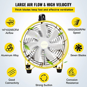 VEVOR Utility Blower Fan, 12inch Portable Ventilator 3900m³/h 1900rpm 2800rpm High Velocity Two-Speed Cylinder Fan 520W Utility Blower with 5m Duct Hose, 110V