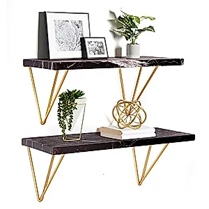 Black Floating Shelves, Wood Wall Mounted Floating Boards, Marbling Wall Shelves with Metal Brackets for Bedroom, Bathroom, Living Room, Kitchen, Laundry Room, Floating Shelves for Wall Decor Set of 2