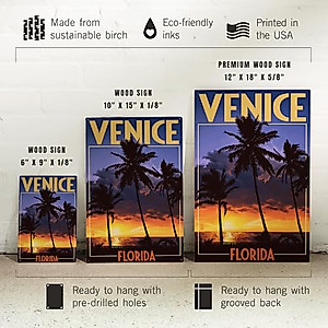 Lantern Press 6x9 Inch Wood Sign, Ready to Hang Wall Decor, Venice, Florida, Palms and Sunset