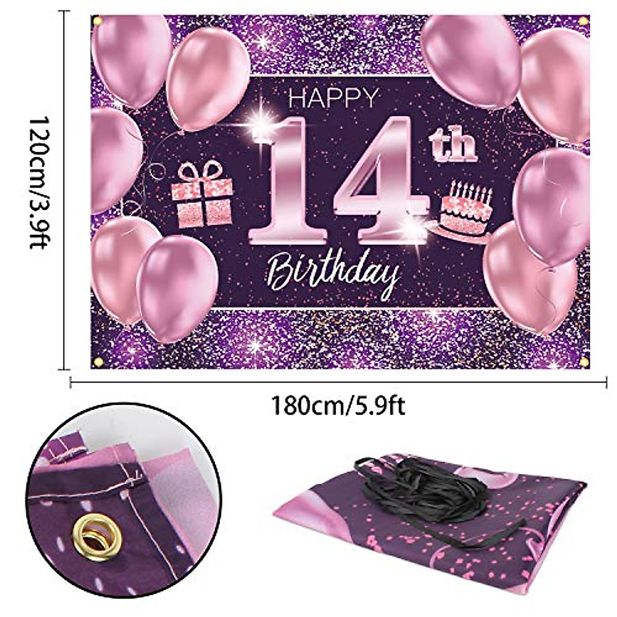 PAKBOOM Happy 14th Birthday Banner Backdrop - 14 Birthday Party Decorations Supplies for Girl - Pink Purple Gold 4 x 6ft