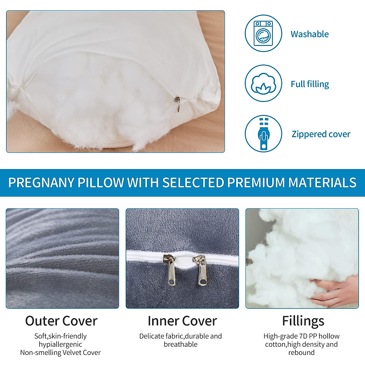 U Shaped Pregnancy Pillows for Sleeping, 57 Inch Maternity Pillow for Pregnant Women with Removable and Washable Velvet Cover, Full Pregnancy Body Pillow Support for Back, Hips, Legs, Belly