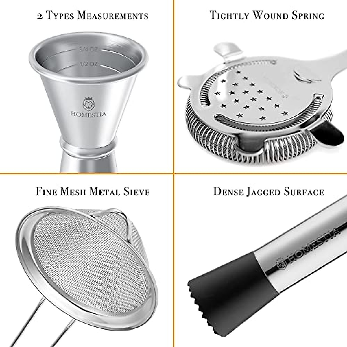 Homestia Cocktail Mixing Glass Set Crystal Barware, Full Bar Set Drink Kit 9 PCS: 24oz Bar Mixing Glass, 10" Bar Muddler, Jigger, 12" Stirring Spoon, Cocktail Strainers, Bottle Pourers, Ice Tong