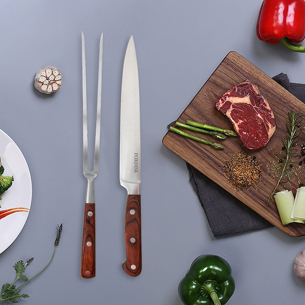 FOXDISK 2 Piece Carving Knife and Fork Set, Carving Set for Barbecue, Cutting Meat and Turkey, Stainless Steel Camping Cooking BBQ Cutter Carving Fork with Gift Box - Wooden Handle