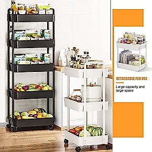 5-Tier Rolling Cart, with 360° Rolling Lockable Wheels and Handle, Multipurpose Utility Cart, Multifunctional Detachable Utility Storage Cart for Kitchen Living Room Office-Black