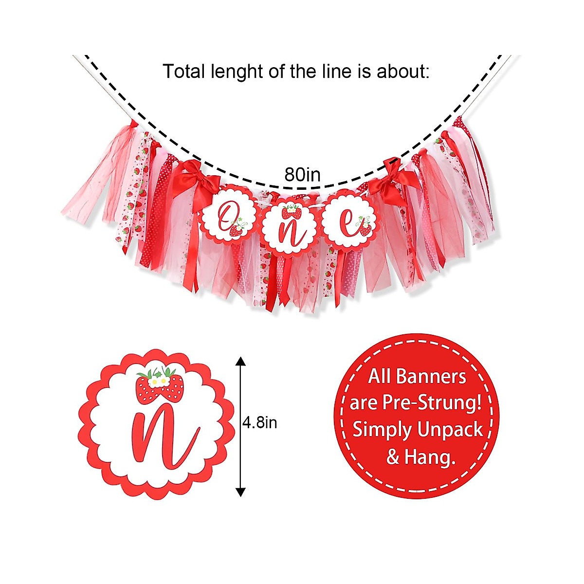 Strawberry 1st Birthday High Chair Banner - Berry Sweet Party Strawberry Girl First Birthday Decorations,Strawberry One Banner,Girls First Birthday (Strawberry Banner)