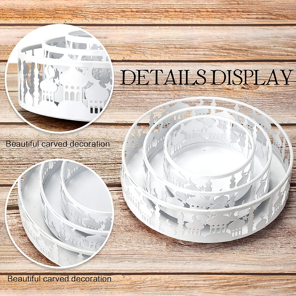 Sumind 3 Pcs Ramadan Serving Trays Eid Mubarak Round Metal Food Trays Crazy Night Islam Eid Mubarak Plates Food Storage Containers for Eid Islamic Muslim Activity Party Favor, White
