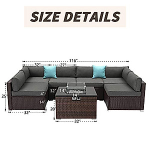 HOMPUS 7-Piece Outdoor Patio Furniture Set, All-Weather Wicker Sectional Sofa, Dark Grey Cushions w 32-inch Square Dark Brown Wicker Fire Table (40,000 BTU), Tank Outside, Glass Wind Guard