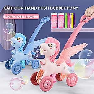 Pink Bubble Machine Blower Maker Lawn Mower Walking Toy Christmas Basket Stuffers Outdoor Summer Girls Kids Toddler 1st Birthday Best Gift for 1 2 3 Year Old Unique Cute Valentines Day Unicorn Gifts