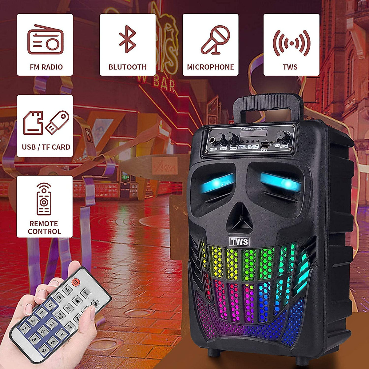 Aesackir Portable Bluetooth Speaker with Subwoofer Wireless Speakers Outdoor/Indoor Big Support Remote Control FM Radio TF Card LED Lights MP3 Player Party for Home Camping iPhone Computer PC (B-S08)