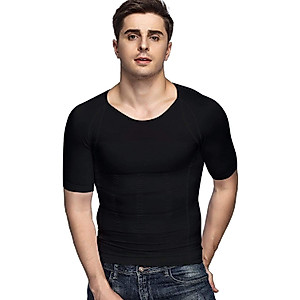 Odoland 3 Pack Men's Body Shaper Slimming Shirt Tummy Vest Thermal Compression Base Layer Slim Muscle Short Sleeve Shapewear, White/Grey/Black, L