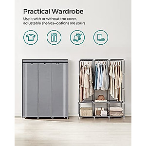 SONGMICS Portable Closet, Wardrobe Closet Organizer with Cover, 3 Hanging Rods and Shelves, 4 Side Pockets, 51.2 x 17.7 x 65.7 Inches, Large Capacity for Bedroom, Living Room, Gray URYG092G02