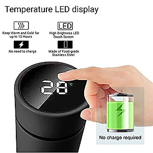 Aqual 17 Fl Oz500ml Stainless Steel Water Bottle with LED Temperature Display-Double Wall Vacuum Insulated | Leak Proof Keep Cold 24 Hrs and Warm 12 Hrs | Varied Colors Thermo Travel Modern Mug(Black)