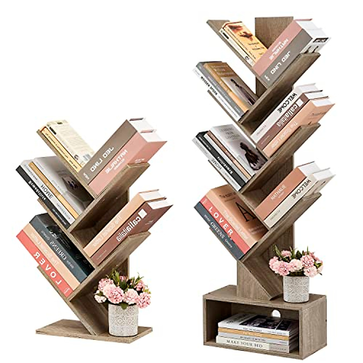 Hoctieon 2-Set Tree Bookshelf, 4 Shelf Bookcase, Modern Book Storage, Free Standing Tree Bookcase, Utility Organizer Shelves for Home Office, Living Room, Bedroom, Light Brown