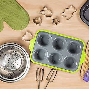 JXWING 6 Cups Non-stick Silicone Cupcake Baking Pan with Ergonomics Grips, Premium Stainless Steel Core Muffin Pan, Green