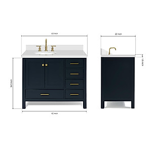 ARIEL 43" Midnight Blue Bathroom Vanity with 1.5" Edge Pure White Quartz Countertop & Backsplash, Left Oval Sink, 2 Soft Closing Doors, 5 Full Extension Dovetail Drawers, Satin Nickel