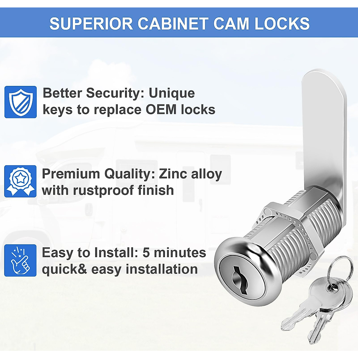 Cylinnda Cabinet Locks with Keys, 1-1/2" Long Cam Locks keyed Alike, Cabinet Cam Lock Set for Cabinets RV Storage Locks Tool Box Lock Thick Drawer, Zinc Alloy (2 Pack, 1-1/2 Inch)