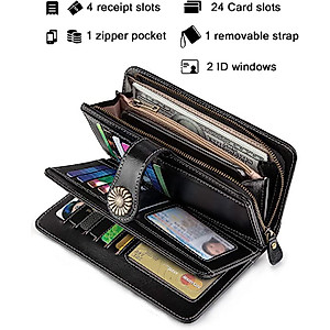 UMODE Large Capacity RFID Blocking Genuine Leather Wallets for Women with Wristlet Trifold Ladies Billfold with Zipper