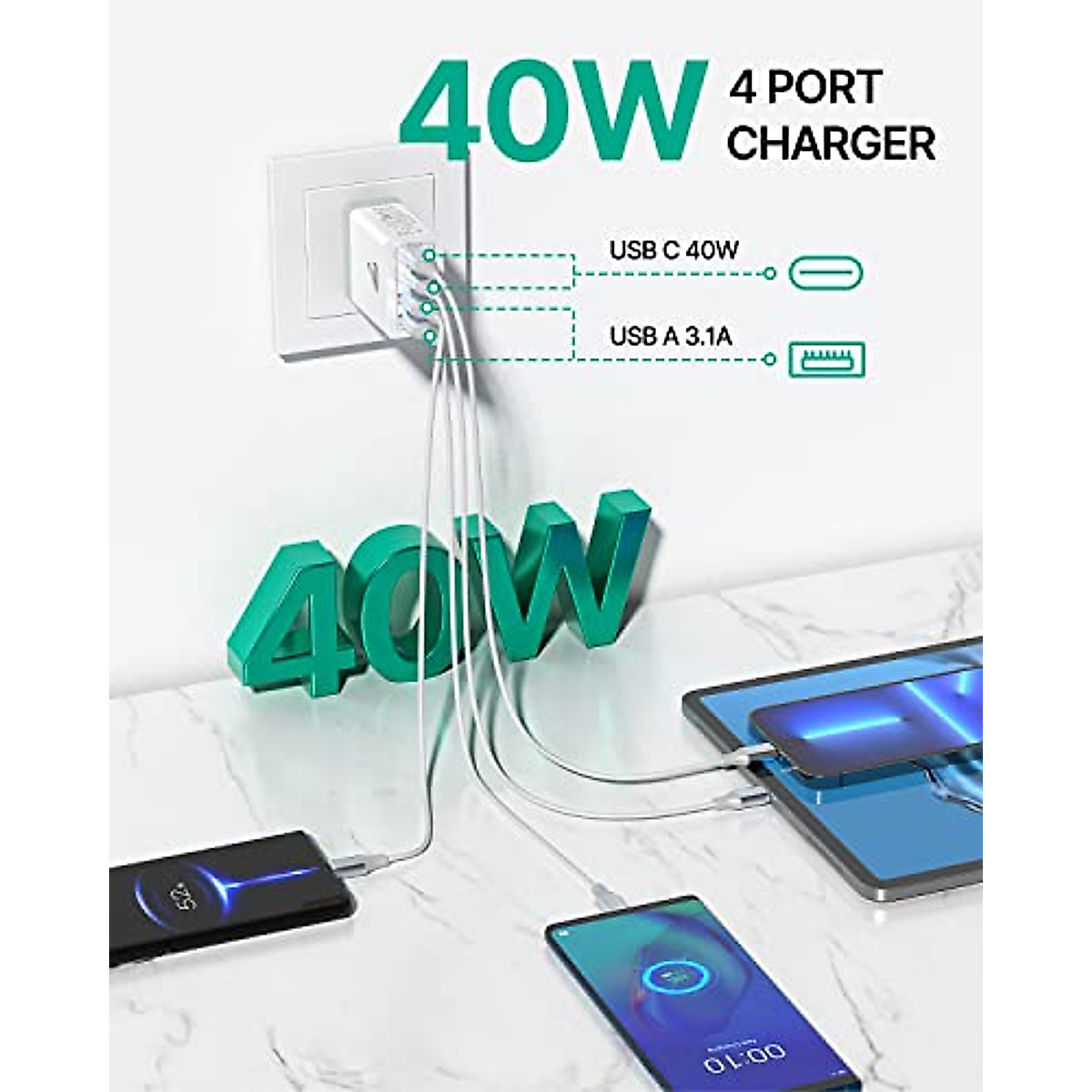 USB C Wall Charger, Aioneus 40W 4-Port Fast Charging Block USB C Charger Dual Port PD+QC Wall Plug Multiport Type C Charger Block for iPhone 14 13 12 11 Pro Max XS XR 8 7, iPad, Samsung Phone, Tablet