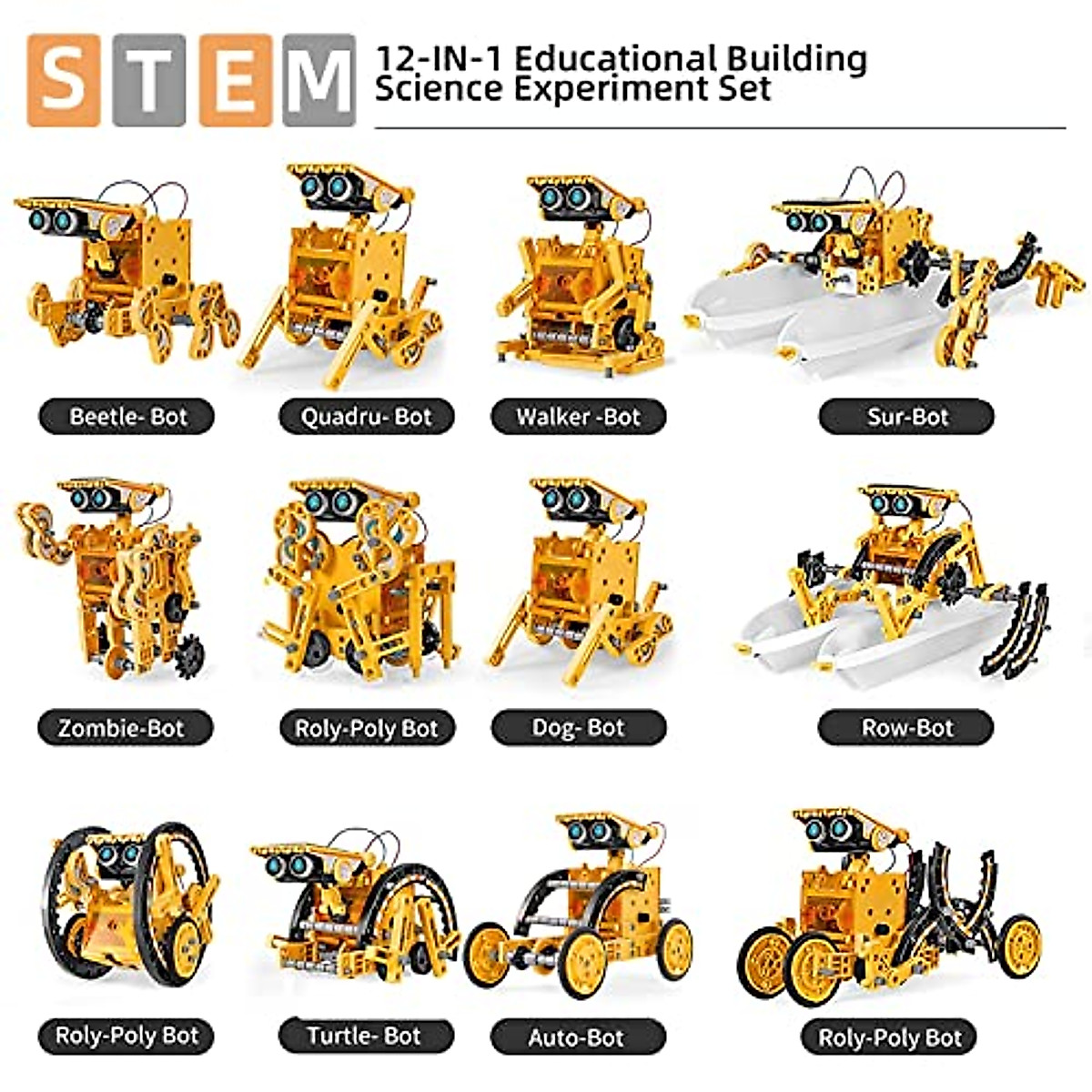 EPPO STEM Solar Robot Kit Toys 12-in-1, Educational Building Science Experiment Set Gifts for Kids Boys Girls,Gifts for Kids 8 9 10 11 12 13 Years Old (Yellow)