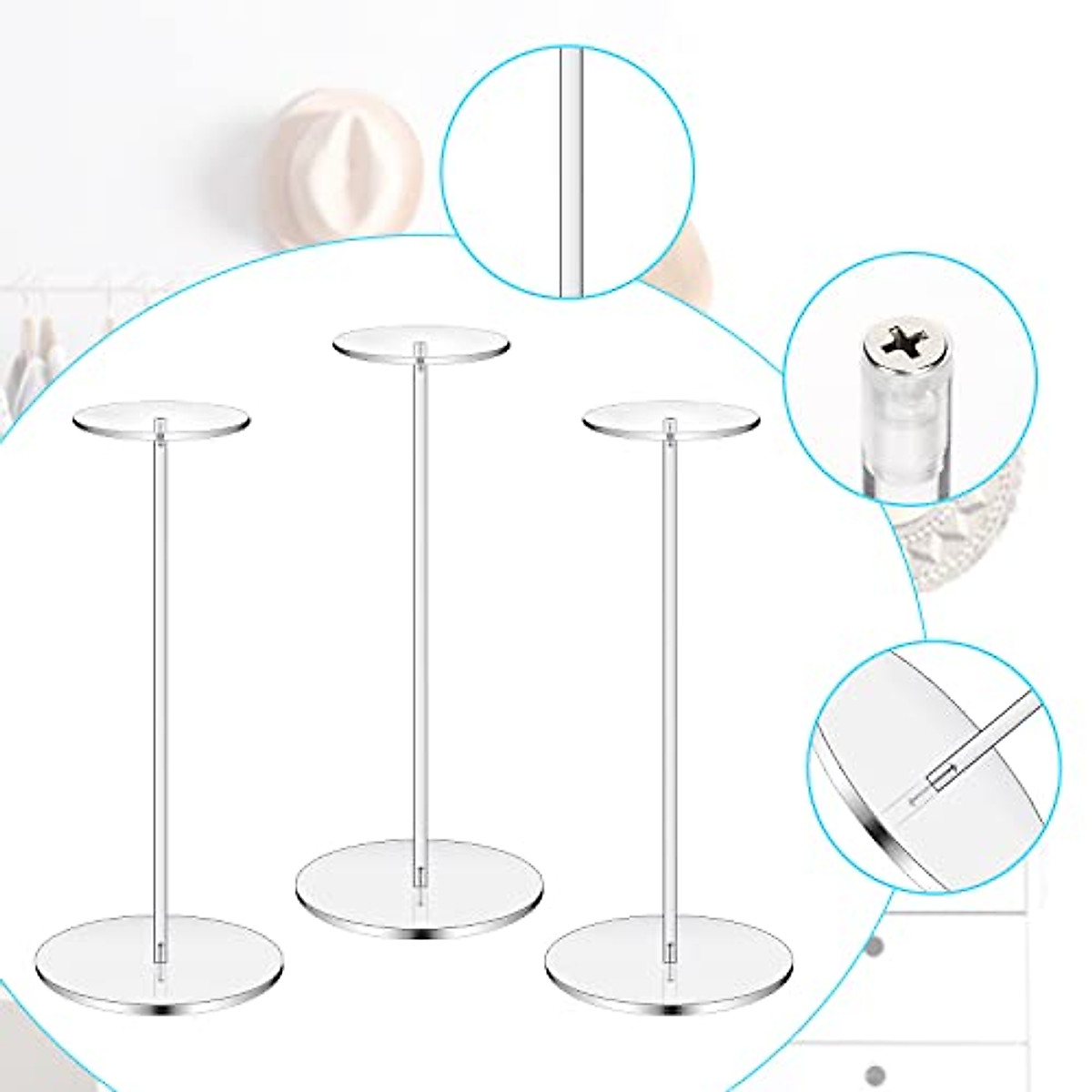 TRIRITE 3 PCS Clear Acrylic Hat Stand for Display, 16 inch Wig Display Rack, Clear Round Riser Stands for Wig Hat Display, Hat Display Stand Wig Display Holder for Hat Watch