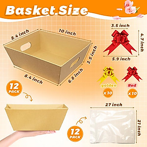 FUYCIEUM 12 Pack Kraft Gift Basket, 10 Inch Baskets for Gifts Empty, Empty Gift Baskets to Fill 20 Bows for Graduation, Birthday, Party and All Festivals