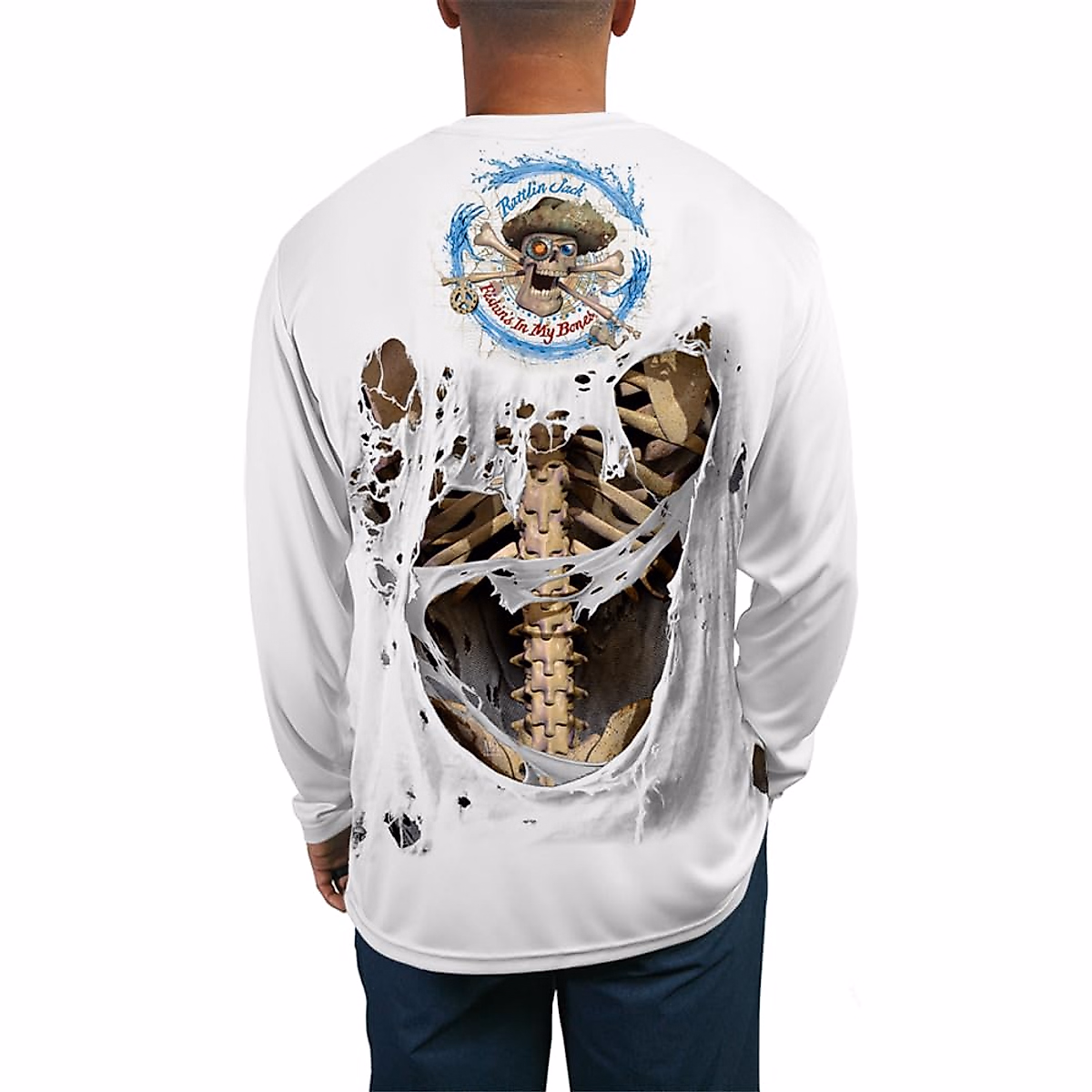 Rattlin Jack Men's Long Sleeve Fishing Shirt UVprotection Skeleton Bone XL White