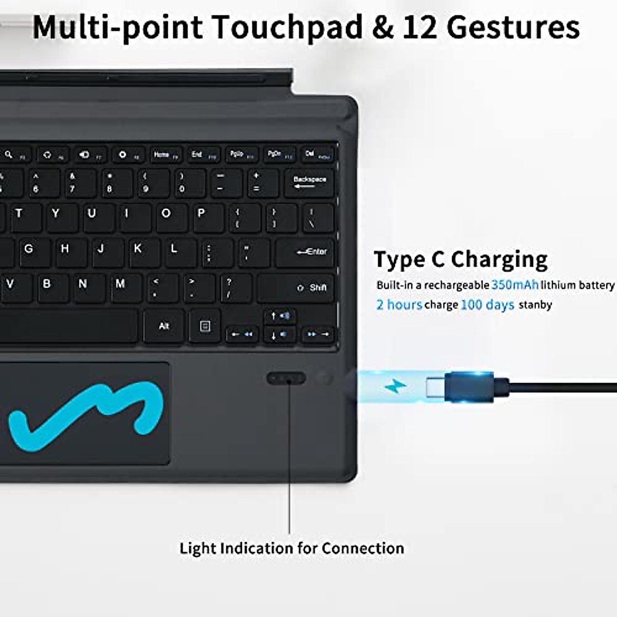 Rapoo XK200 Bluetooth Microsoft Surface Pro 7+/Pro 7/Pro 6/Surface Pro 5 (Pro 2017)/Pro 4 12.3 inch Tablet/Surface Pro 3 2014 Keyboard Case with Trackpad - Detachable Wireless Keyboard Type Cover