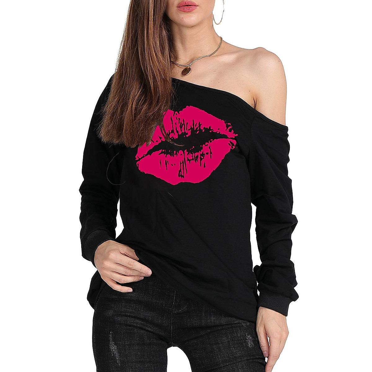 MAGICMK Woman’s Sweatershirt Lips Print Causal Blouse Off The Shoulder Long Sleeve Loose Slouchy Pullover Plus Size Tops…(XXXL)