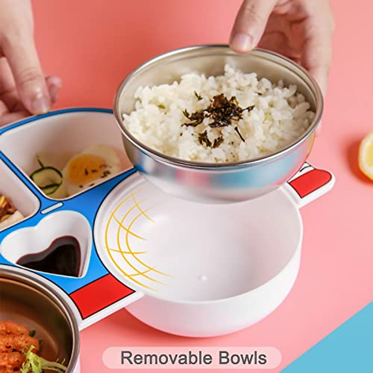 Divided Plate and Bowl Set,BPA Free Meal Snack Plate,Dinnerware Eating Supplies Kitchen Utensils,6 Pieces with Spoon Fork and Lid,Car-shaped by lrrjhtac, Blue