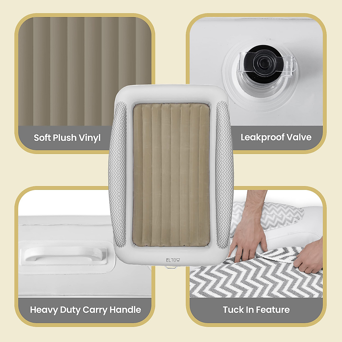 ELTOW Inflatable Toddler Travel Bed with Safety Bumpers, Portable Toddler Bed for Travel & Camping, Complete Kids Air Mattress Set, Toddler Blow Up Mattress with Sides, High Speed Pump, Carry Bag