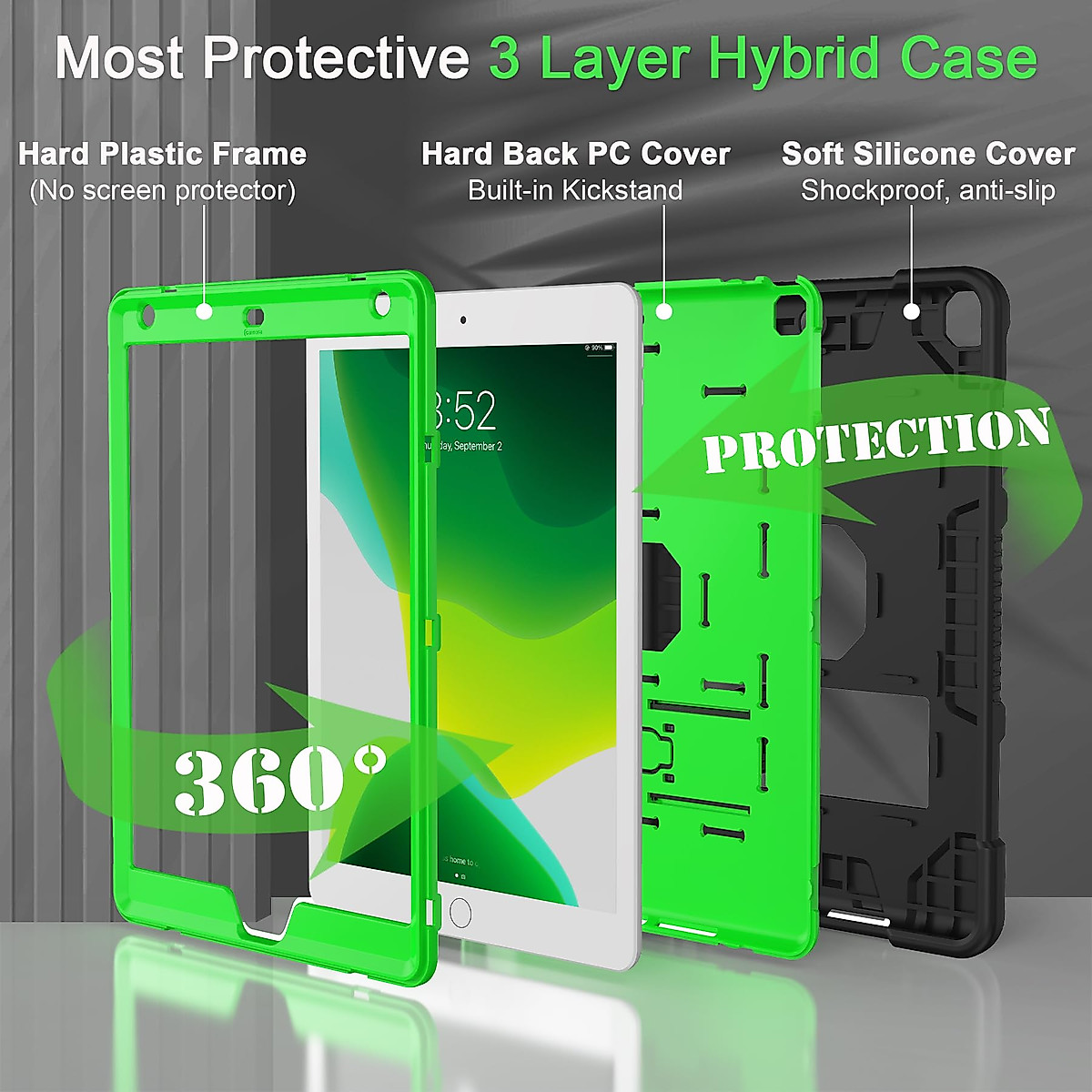 TIMISM 3-Layer Protective Case for iPad 9th/8th/7th Generation 10.2 Inch (2021-2019) | Built-in Kickstand, Military-Grade Drop Protection, Eye-Friendly Green Cover & Enhanced Grip, Black+Green