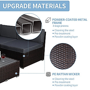 7 Piece Outdoor Patio Furniture Set with Cushions, PE Rattan Wicker Modular Outdoor Sectional L Shape Patio Conversation Sofa Set with Coffee Table, and Two Pillows (Dark Brown/Gray)