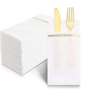 Nervure 100PCS Gold Paper Napkins with Built-in Flatware Pocket - White and Gold Prefolded Cloth Like Disposable Napkins - Heavy-duty Linen-Feel Dinner Napkins for Party & Wedding & Dinner