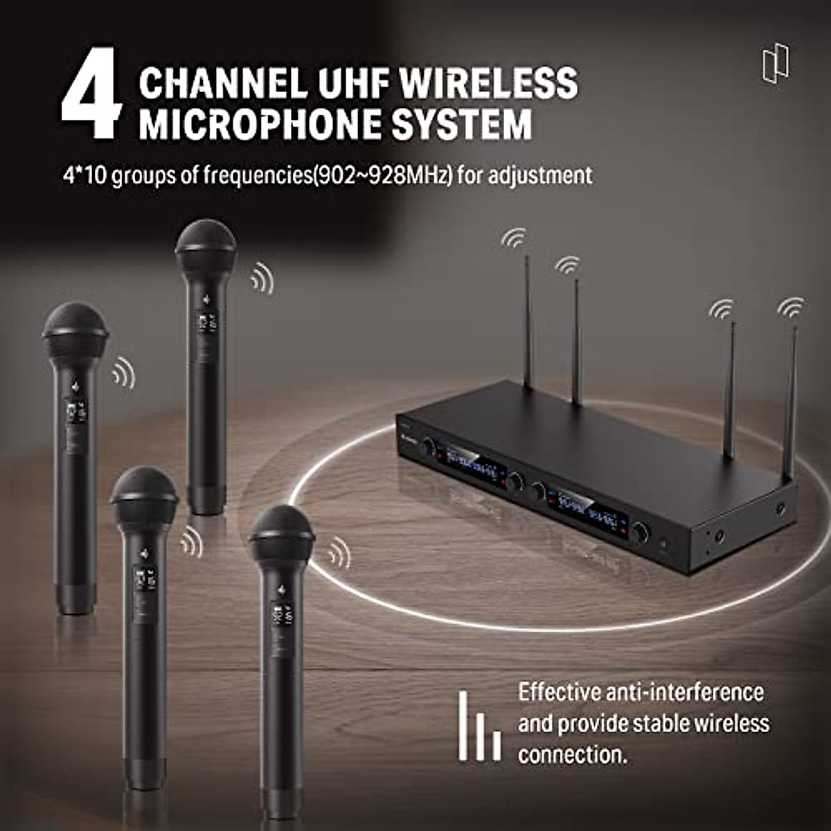 Donner Wireless Microphone System, UHF Wireless Microphone Set with 4 Handheld Dynamic Microphones, Adjustable Frequency, 328 ft Long Range, Perfect for Party/Wedding/Speech/Church/Stage/Karaoke/DJ