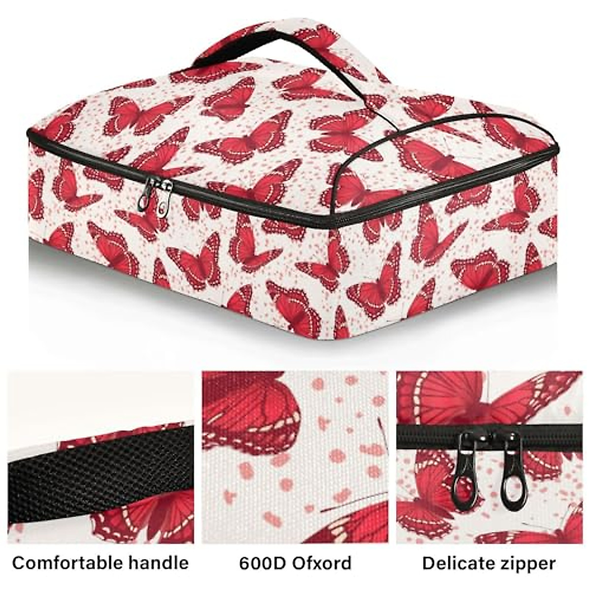 Kcldeci Insulated Thermal Food Carrier Insulated Casserole Carrier for Hot or Cold Food,Red Butterflies (2) Insulated Tote Bag for Potluck Cookouts Parties Picnic,Lasagna Lugger
