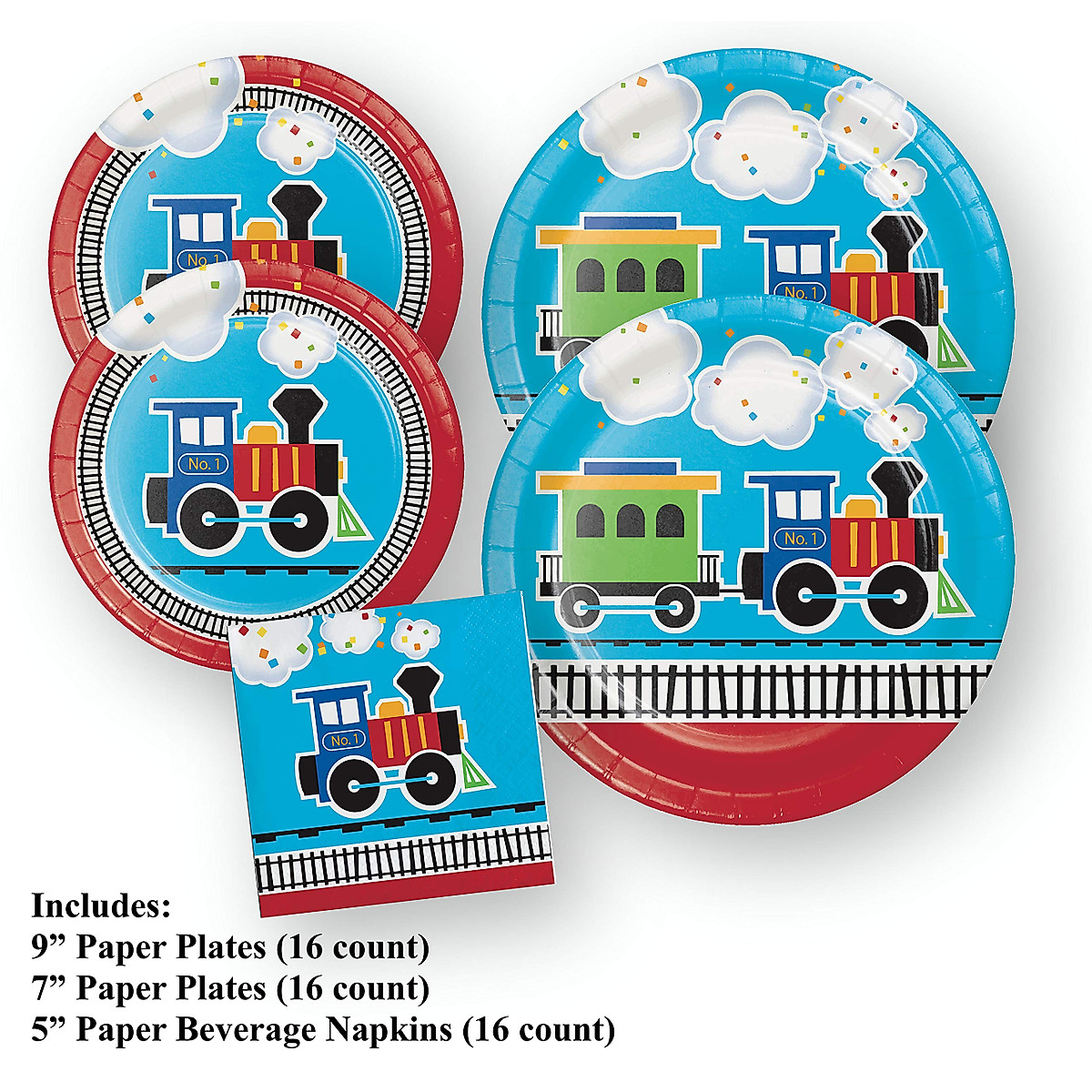 Train Party Supplies - Choo Choo Birthday Paper Plates and Napkins (48 Pieces)