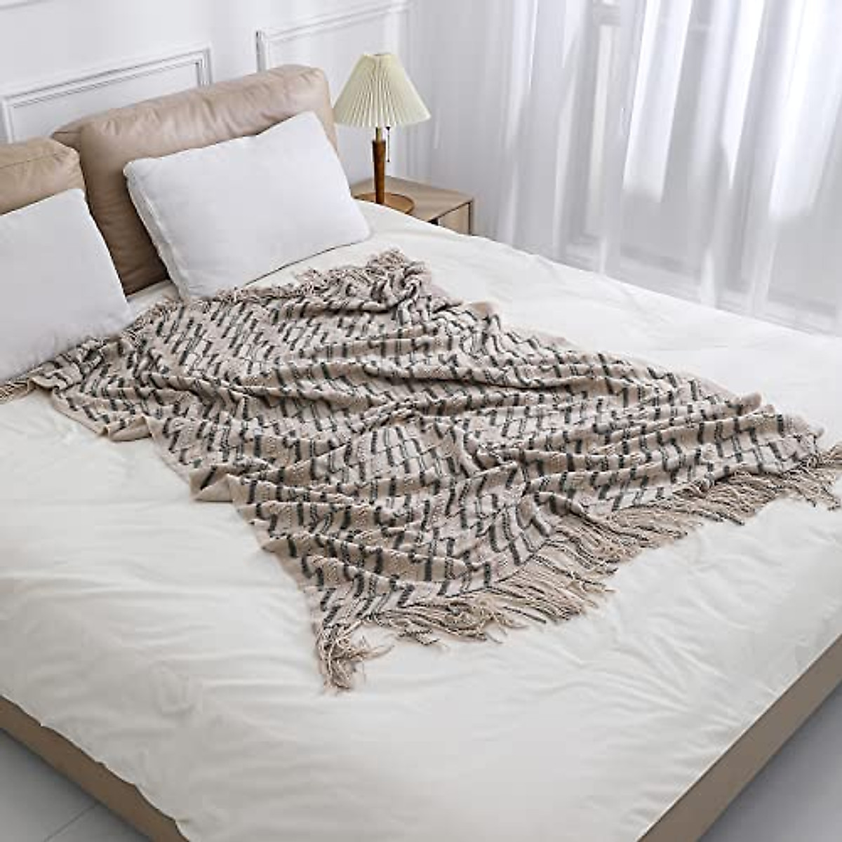 TXDYB 50"x 60" Soft Warm Cozy Khaki Knitted Blanket with Tassels,Boho Deco Throw Blanket for Bed Sofa Room Travel Camping Hotel Decoration,Wave Pattern Blanket for Women and Men