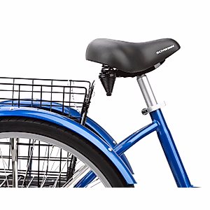 Schwinn Meridian Adult Tricycle Bike, Mens and Womens Three Wheel Beach Cruiser, 26-Inch Wheels, Low Step-Through Frame, Wide Seat, Rear Folding Basket, 1-Speed, Blue